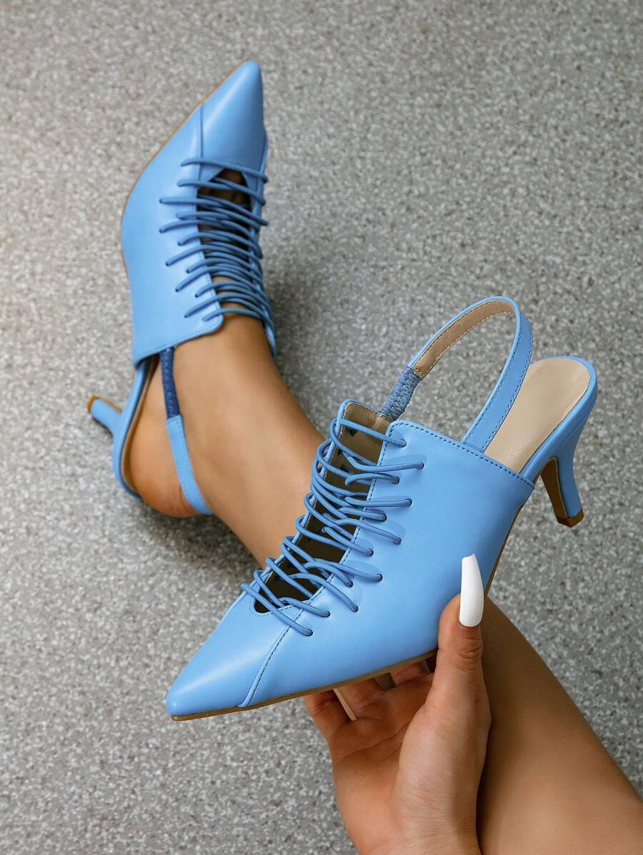 Women Stiletto Pointed Toe Lace-Up Mule High Heel Sandals, Hollow One ...