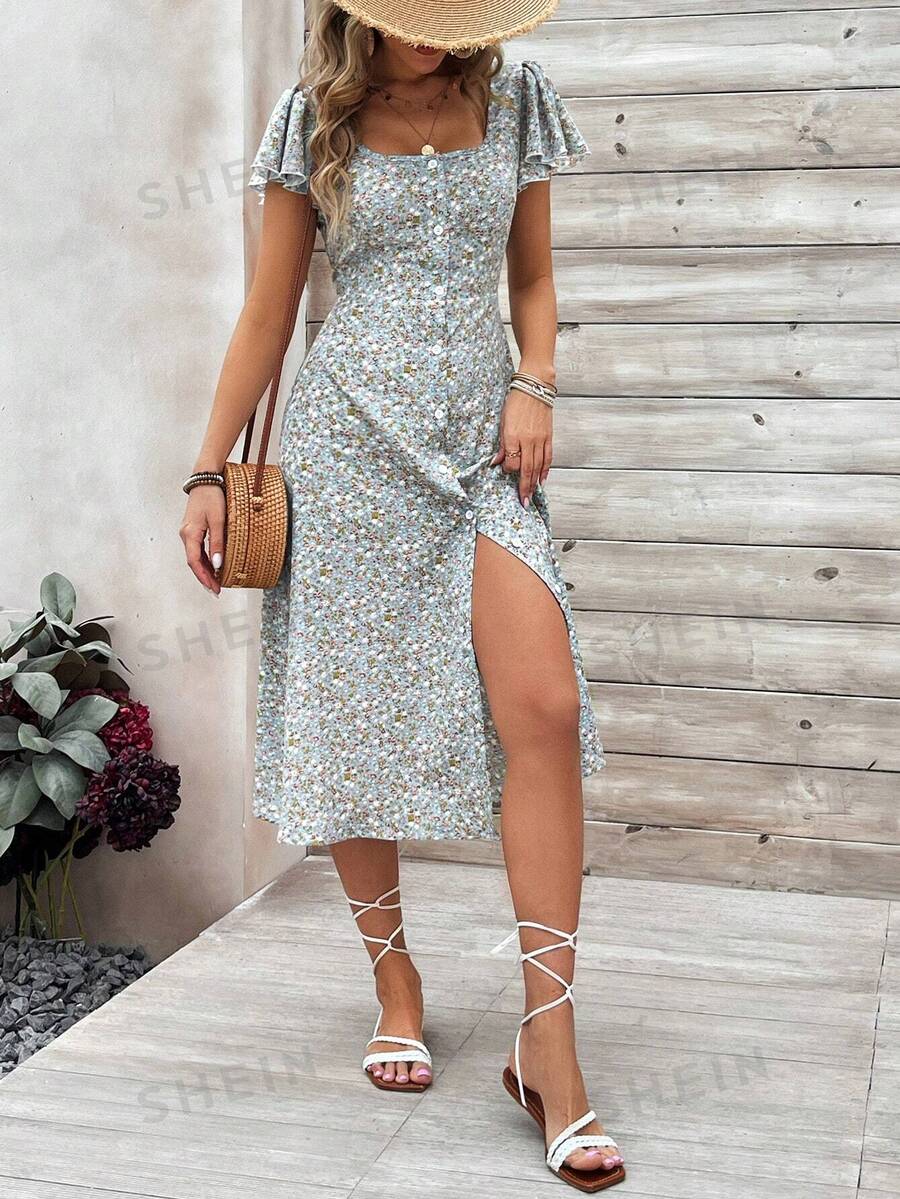 SHEIN Frenchy Women's Pink Leopard & Floral Print Lotus Leaf Short Sleeve Square Neck Long Dress ...