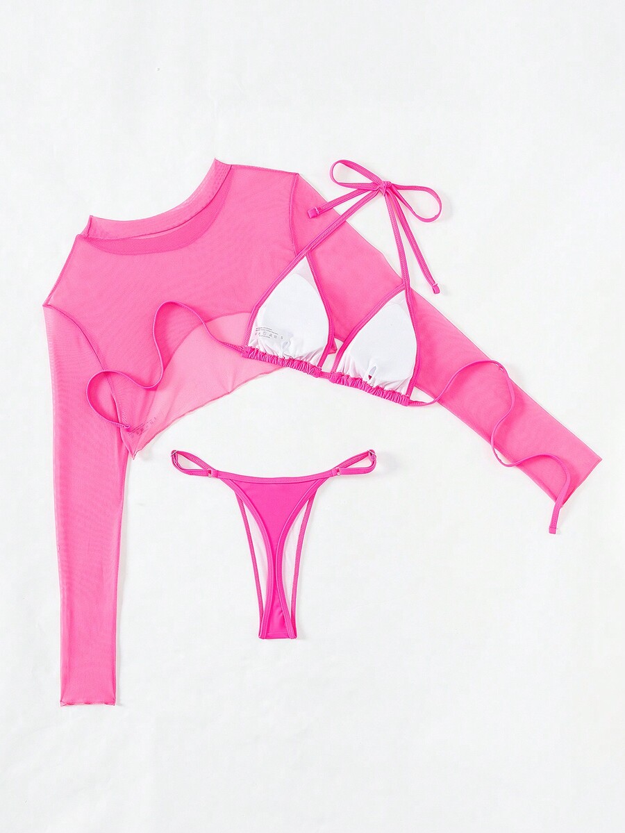 Shein Swim 3pcs Set Womens Solid Color Halter Strap Swimsuit With Crop