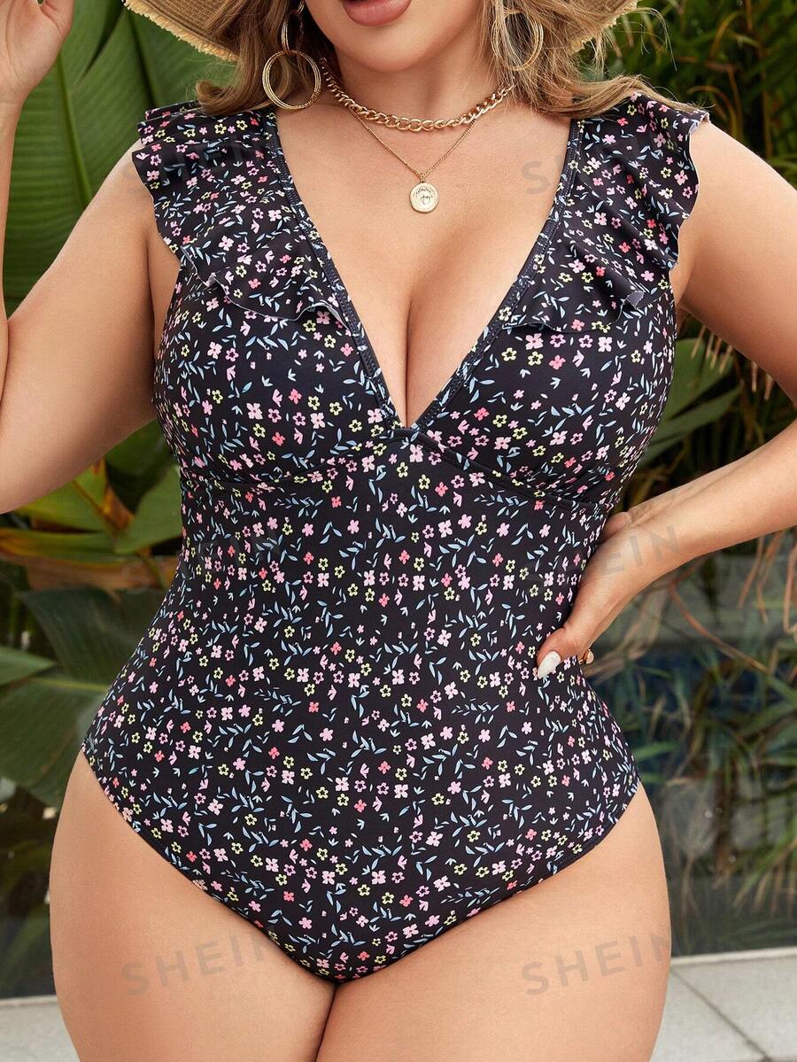 SHEIN SHEIN Swim Curve Plus Size Women's One-Piece Swimsuit With Floral Print And Ruffle Design ...
