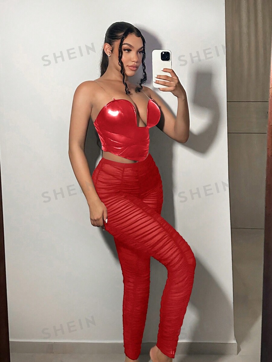 Shein Sxy Hanky Hem Pu Leather Tube Top And Ruched Pants See Through Two