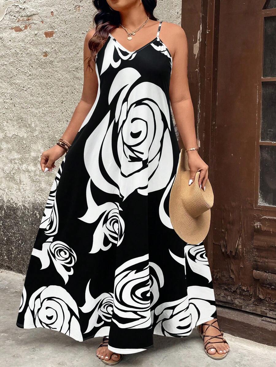 EMERY ROSE Plus Size Women's Fashionable White Rose Patterned Strappy ...