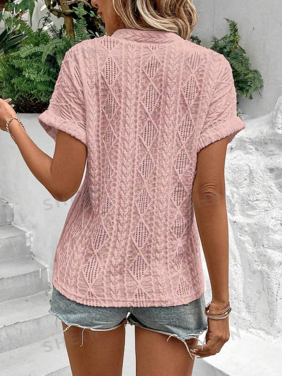 SHEIN LUNE Solid Color Texture V-Neck Batwing Sleeve T-Shirt | SHEIN UK