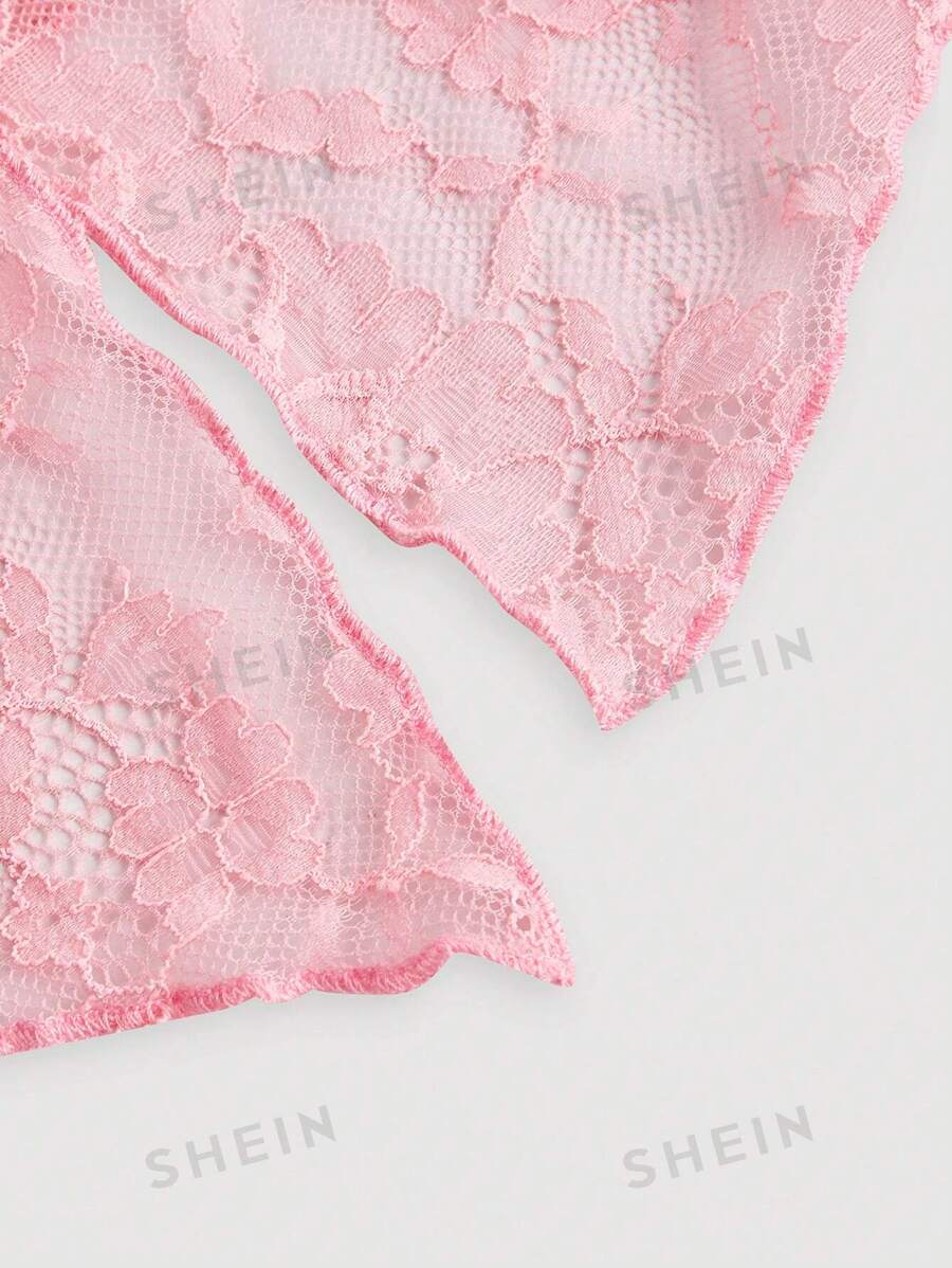 SHEIN Qutie Women's Pink Strapless Top With Pleating, Front Lace Detail ...