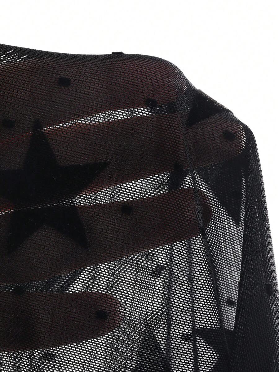 DAZY Star & Polka Dot Patterned High Neck See-Through Mesh Top With ...