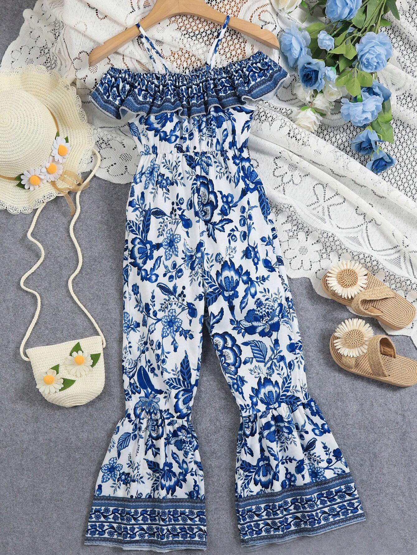 SHEIN Tween Girls' Floral Printed Off-Shoulder Romper With Ruffle Hem ...