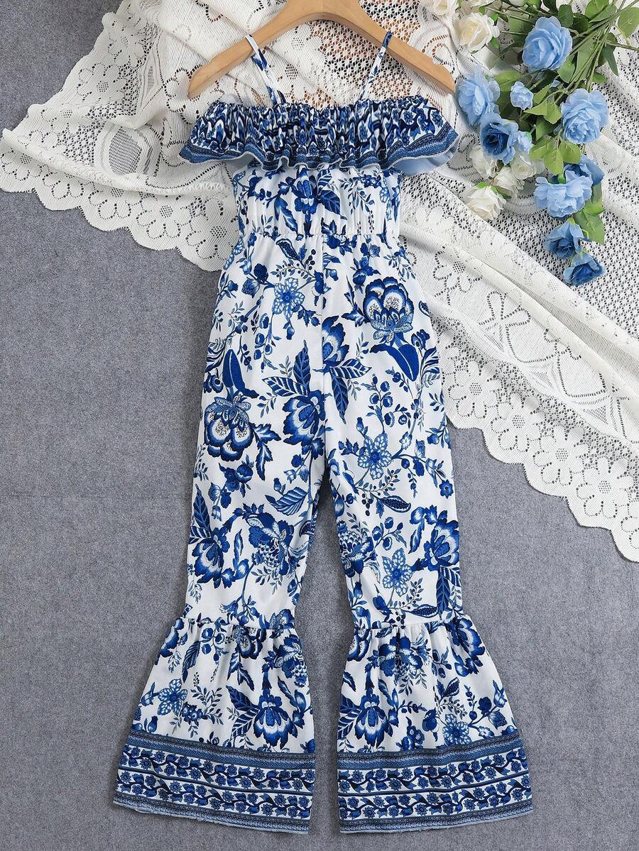 SHEIN Tween Girl Floral Printed Off-Shoulder Romper With Ruffle Hem ...