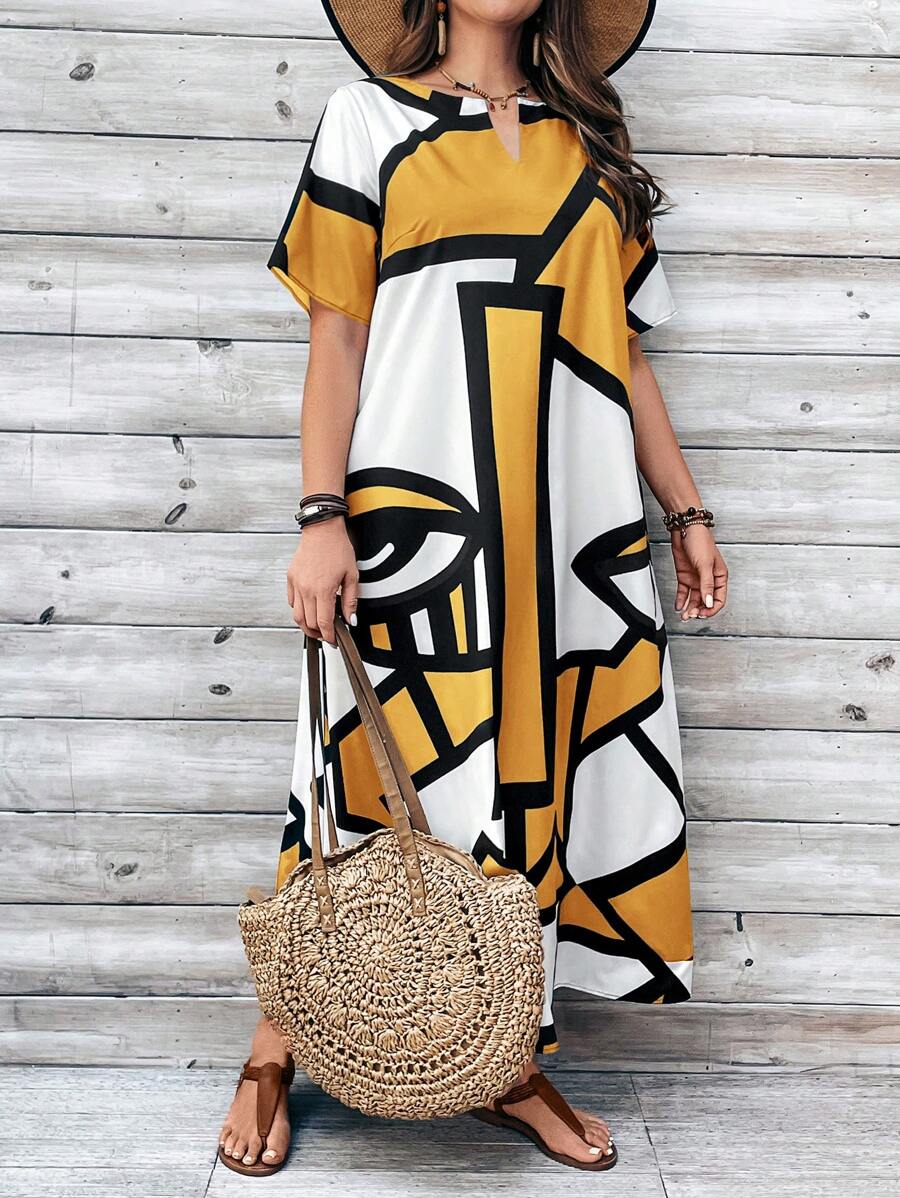 EMERY ROSE Plus Size Women's Abstract Print Notched Neckline Long Summer Dress | SHEIN USA