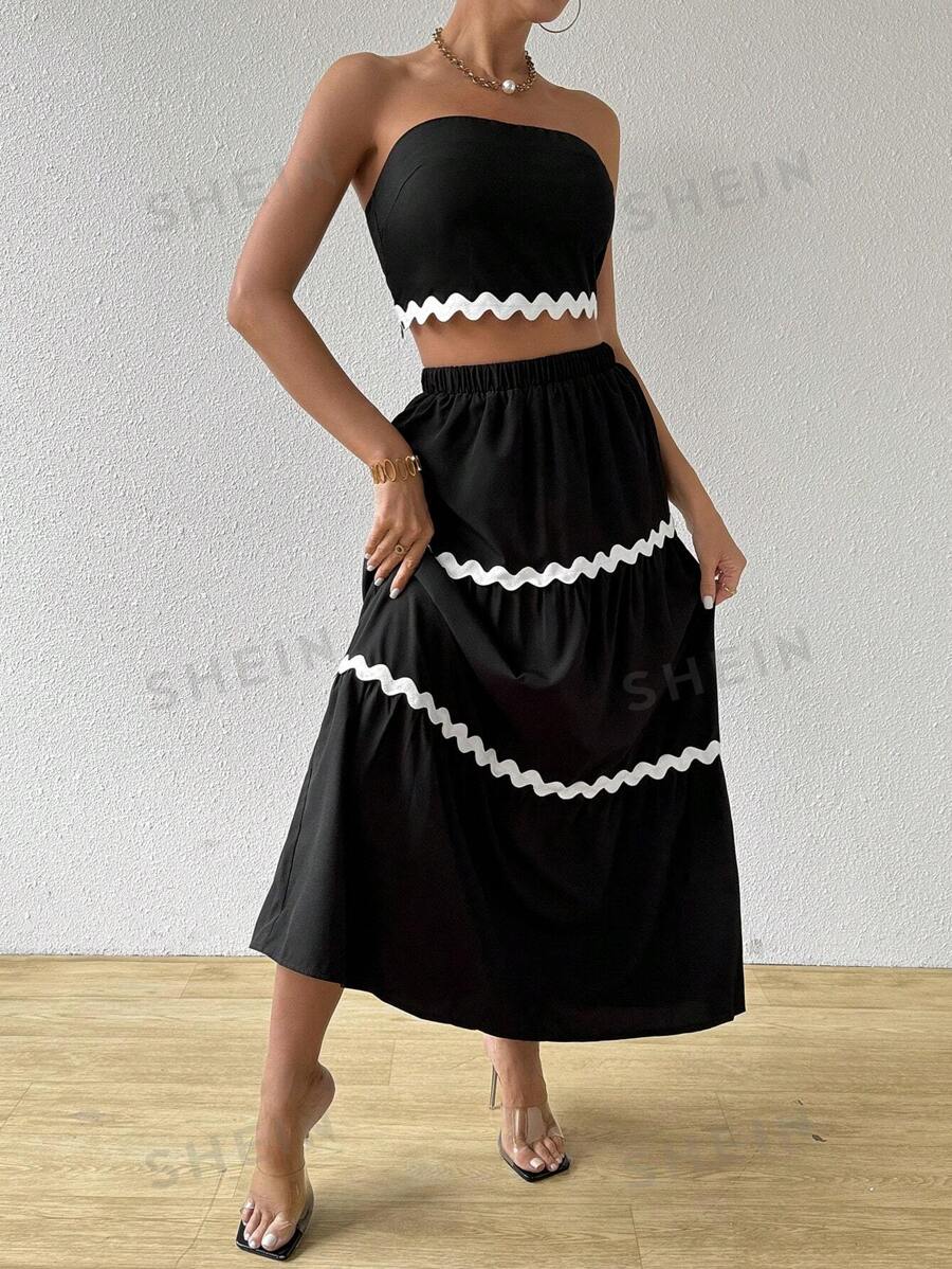 SHEIN Privé Women's Summer Two Piece Set, Color-Block Tube Top With Scallop Edge And A-Line ...