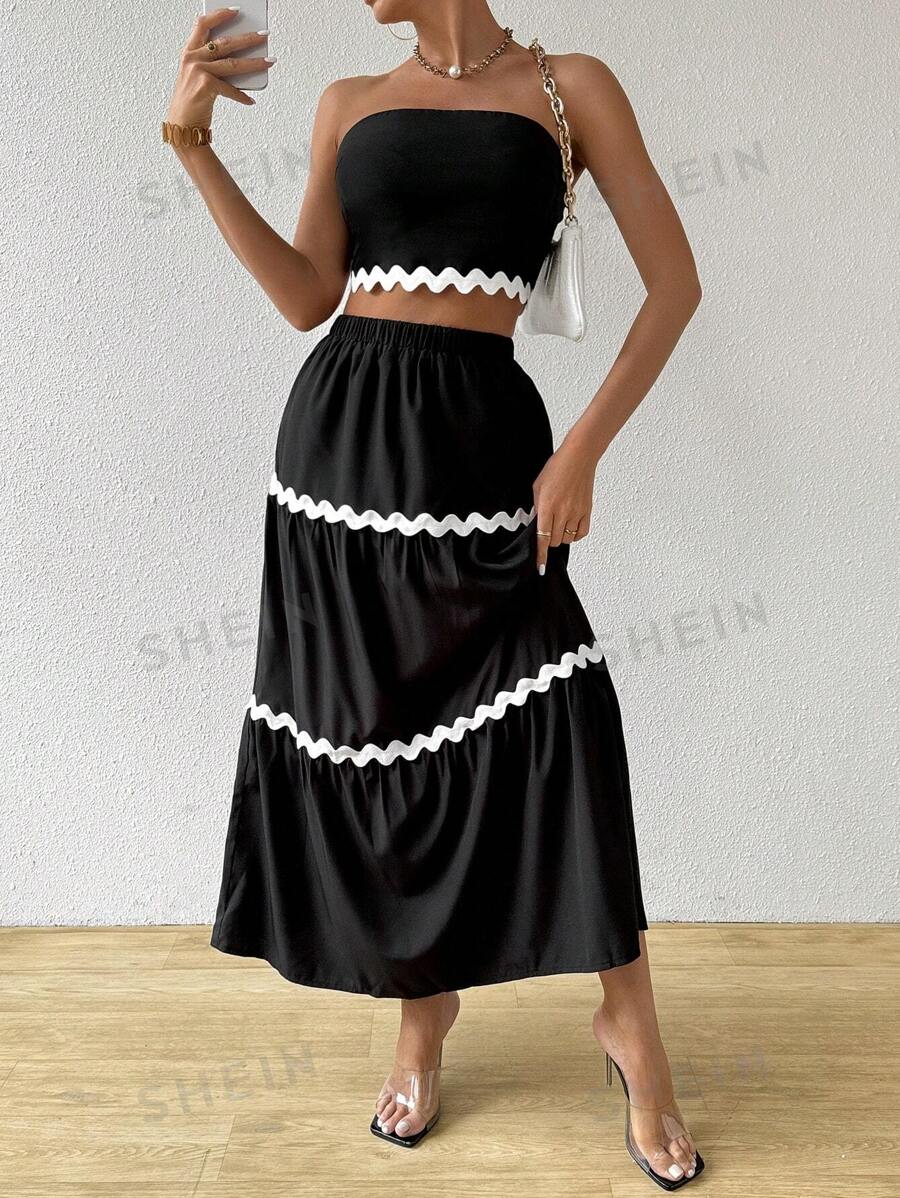 SHEIN Privé Women's Summer Two Piece Set, Color-Block Tube Top With Scallop Edge And A-Line ...