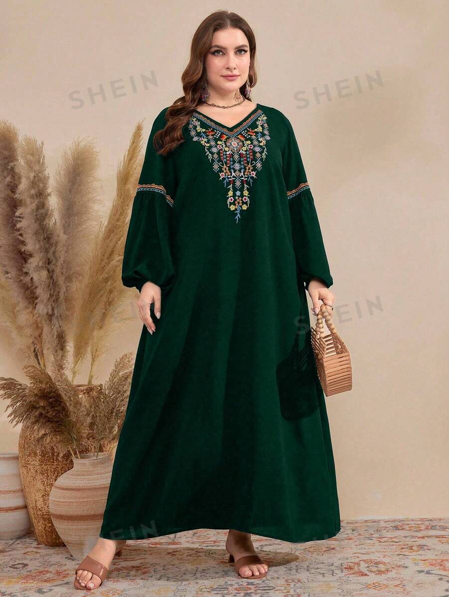 Shein Najma Plus Size Womens Arabic Clothing With Flower Embroidery