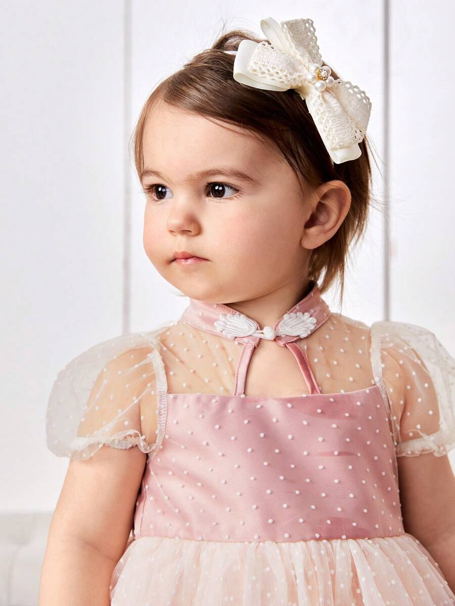 SHEIN Baby Girl Elegant Wave Point Mesh Color-Block Short Sleeve ...