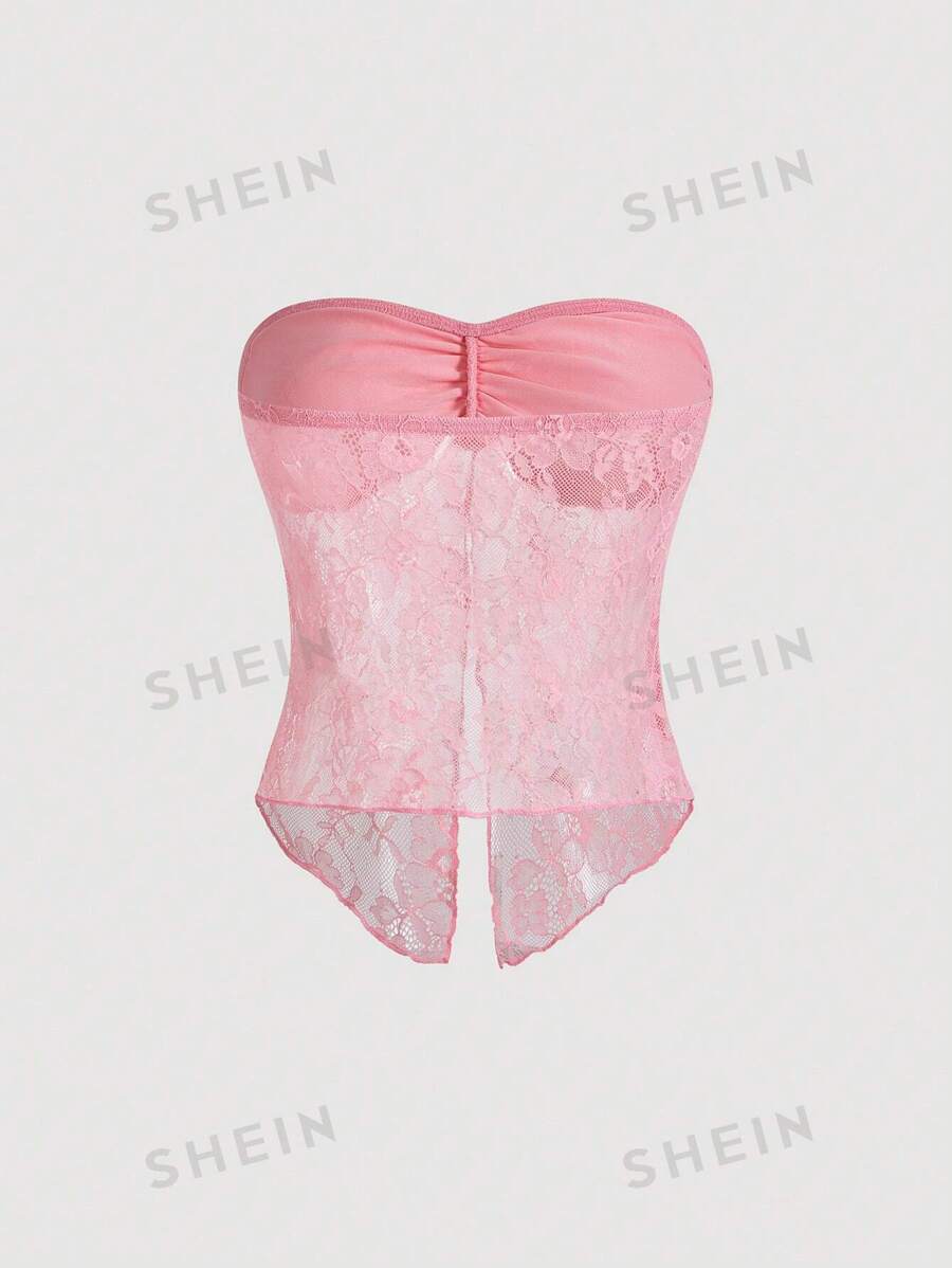 SHEIN Qutie Women's Pink Strapless Top With Pleating, Front Lace Detail ...