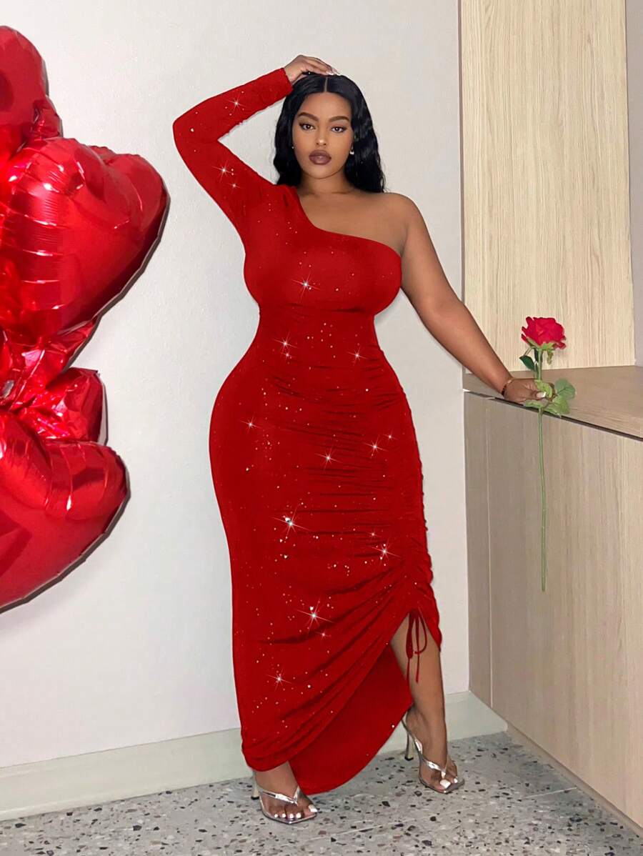 Slaydiva Sexy Valentine's Day Red Sparkly One Shoulder Slit Plus Size ...