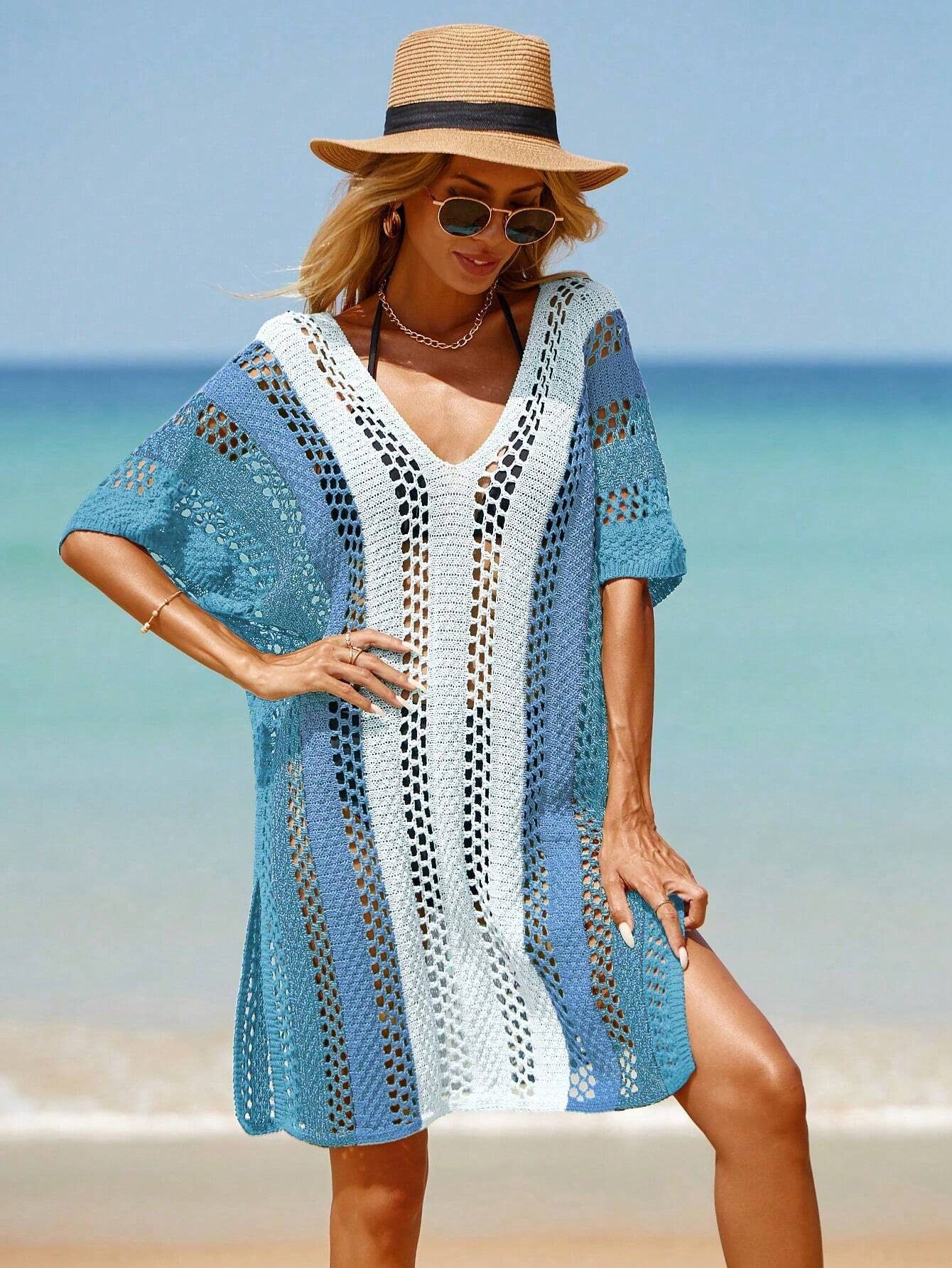 Color-Contrasted Hollow Out Knitted Cover Up Dress, For Summer, Beach ...