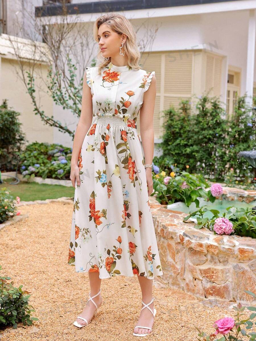 SHEIN VCAY Vintage Printed Ruffl ERound Neck Dress With Random Flower ...