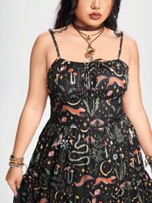 ROMWE Plus Size Gothic Style Printed Slim Fit A-Line Dress With Plants ...