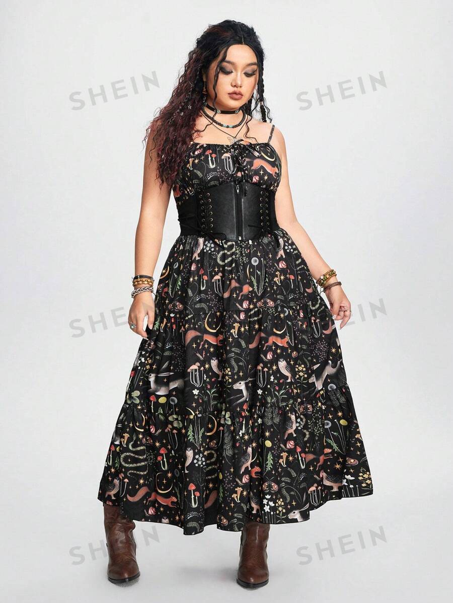 ROMWE Goth Plus Size Gothic Style Printed Slim Fit A-Line Dress With ...