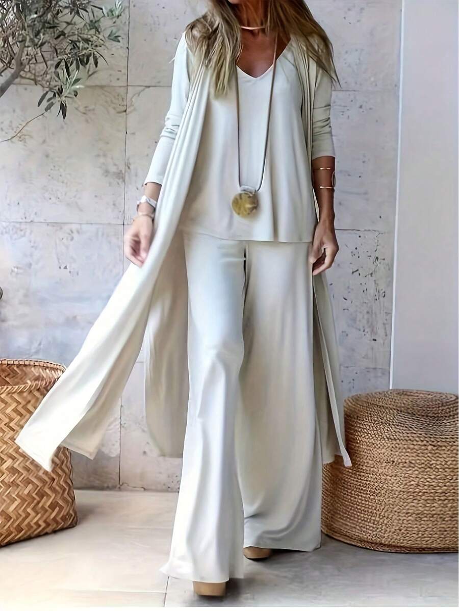 SHEIN Frenchy 3pcs/Set Women's Solid Color Long Sleeve Open Front Maxi ...