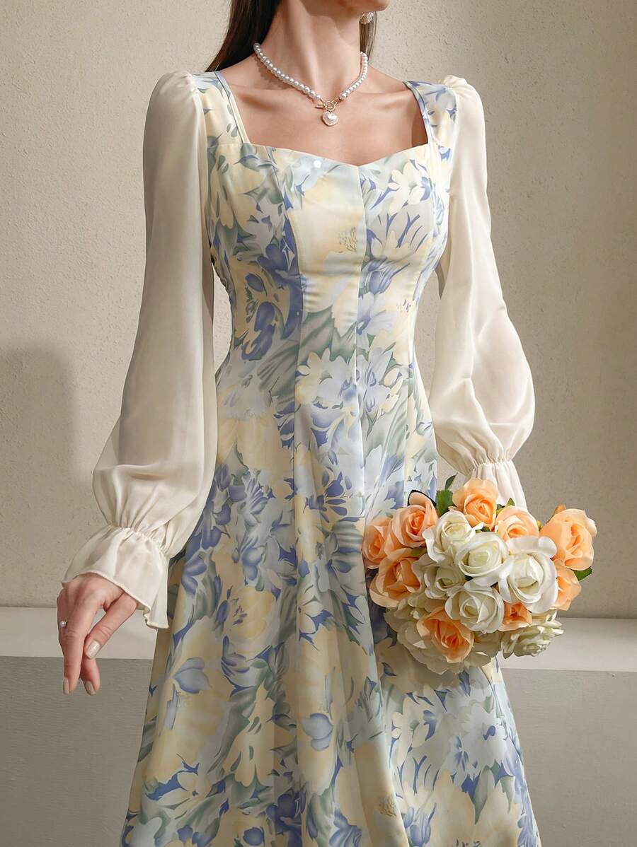 SHEIN Modely Floral Printed Sweetheart Neckline Waist Gathering Dress ...