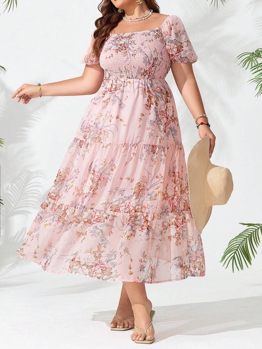 SHEIN Holidaya Plus Size Boho Elegant Pink Floral Printed Dress With ...