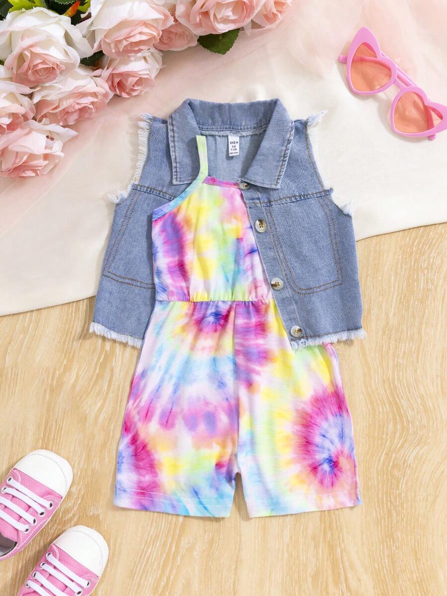 Baby Mädchen Frühling/Sommer Hellblaue Denim Weste und Batik Romper ...