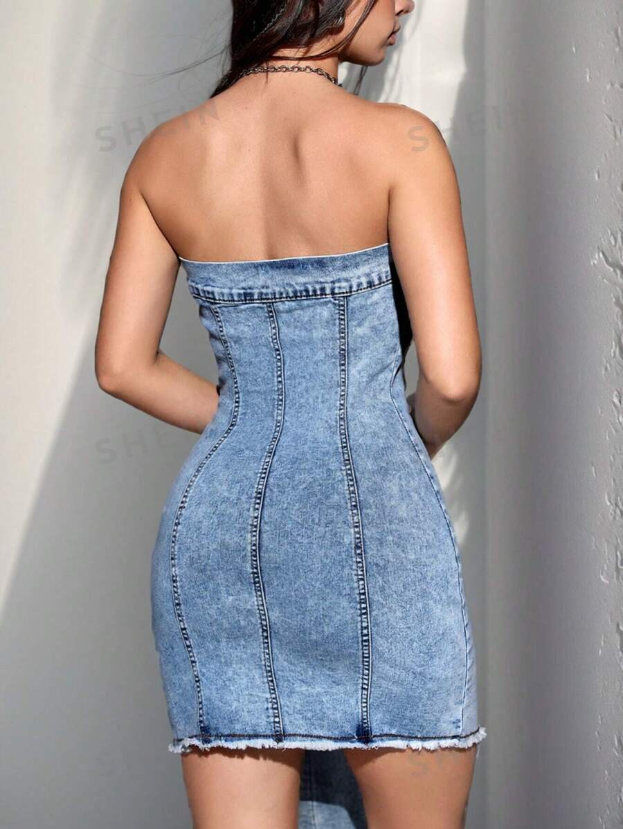 SHEIN EZwear Ladies' Slim Fit Denim Dress With Front Button Closure And ...