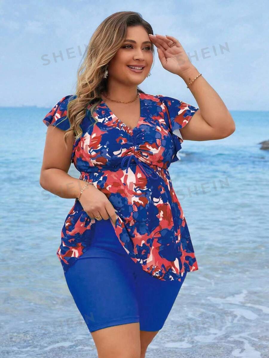 SHEIN Swim Lushore Plus Size Floral Printed V-Neck Flounce Sleeve Tankini Set, Summer Beach ...