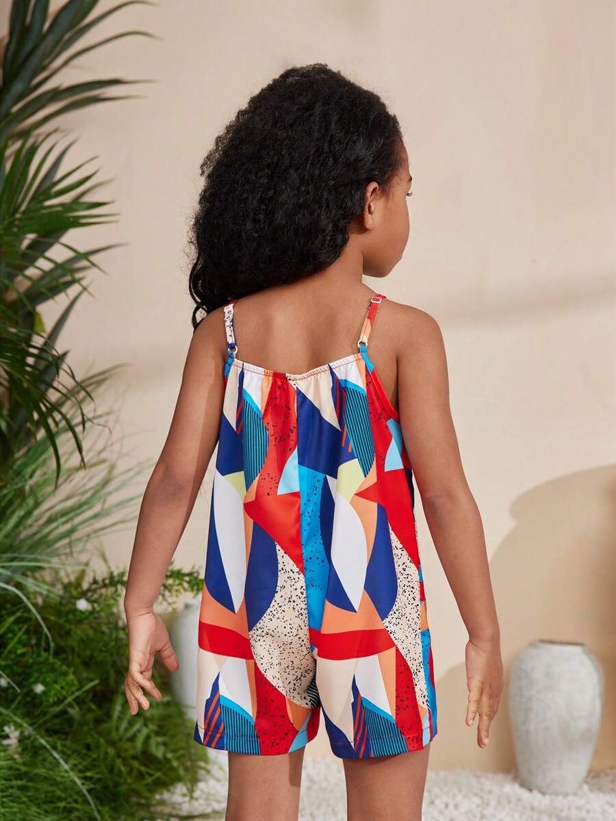 SHEIN Young Girl's Music Festival Geometric Printed Woven Romper With Spaghetti Straps, Spring ...
