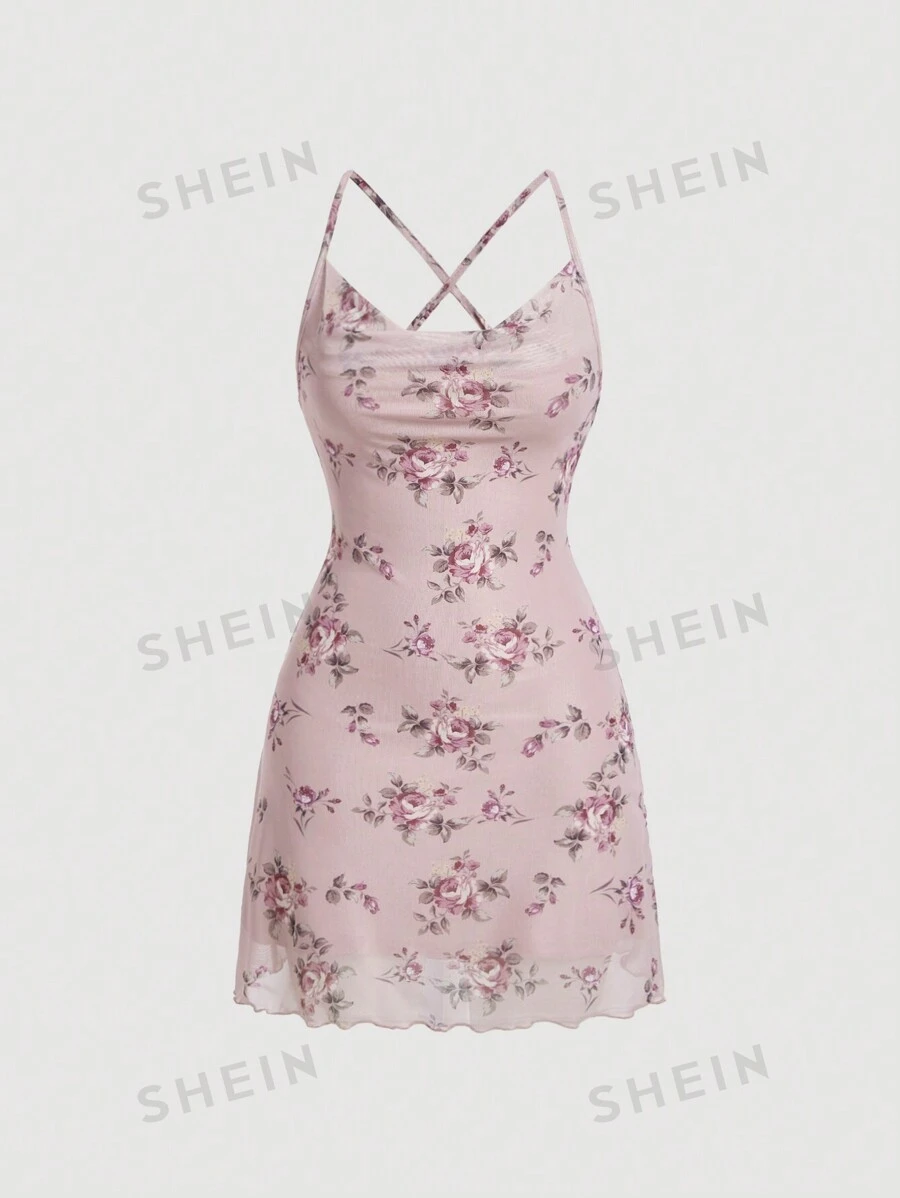 SHEIN MOD Women's Full Floral Printed Criss Cross Back Cami Dress ...