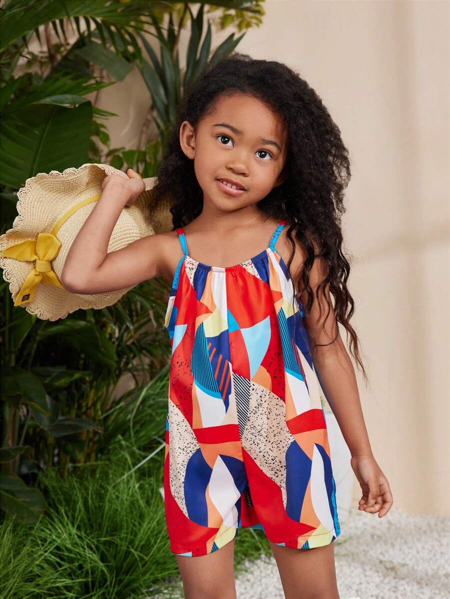 SHEIN Young Girl's Music Festival Geometric Printed Woven Romper With ...