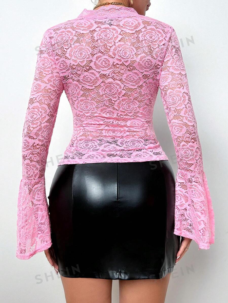 SHEIN BAE Lace Pink See-Through Women's Top | SHEIN USA