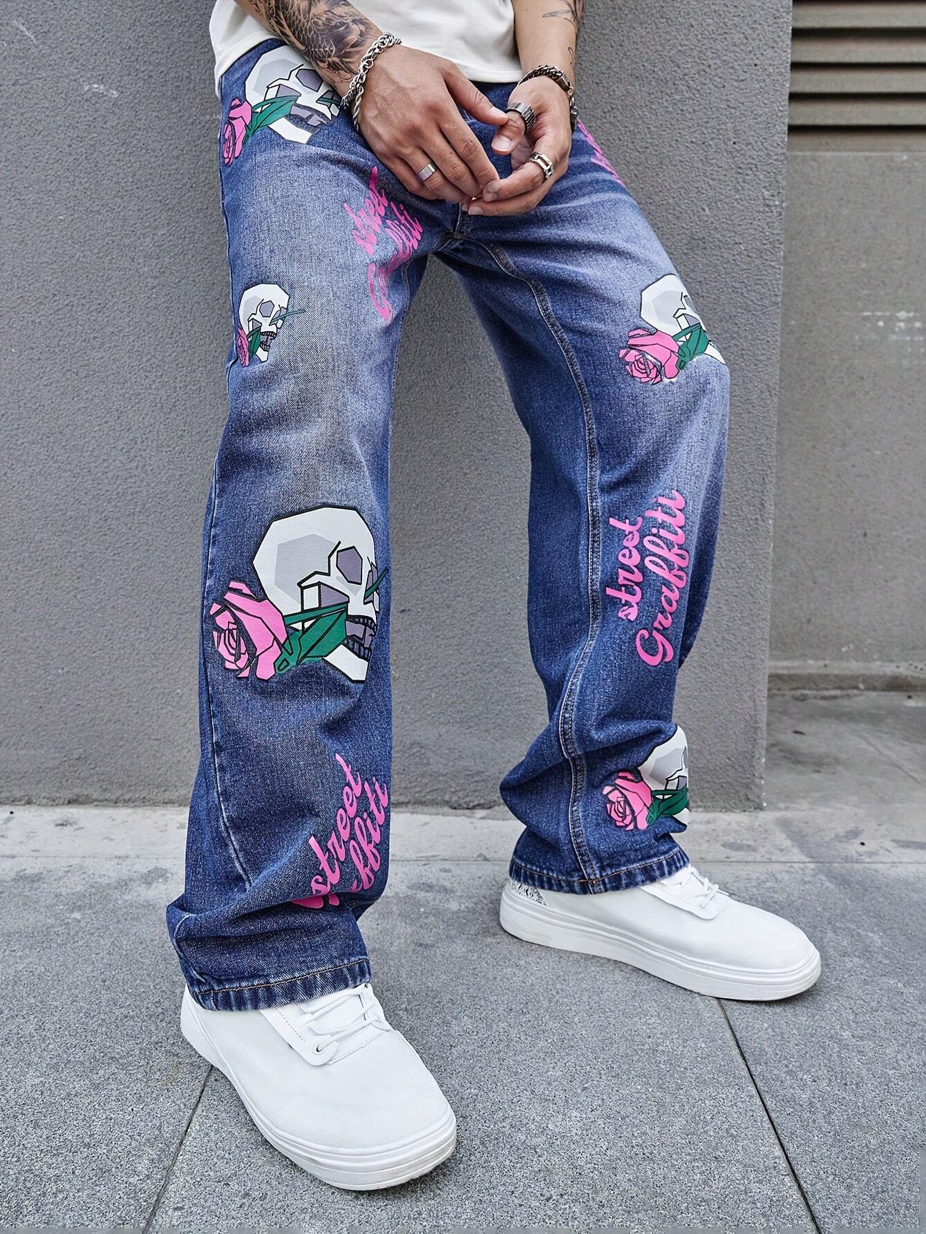 Manfinity EMRG Men Skull And Floral Print Wide Leg Jeans | SHEIN USA