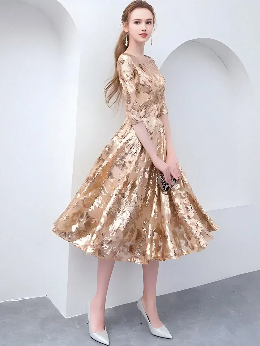 Women's Round Neck Glitter Party Dress Elegant Cocktail Semi Formal ...