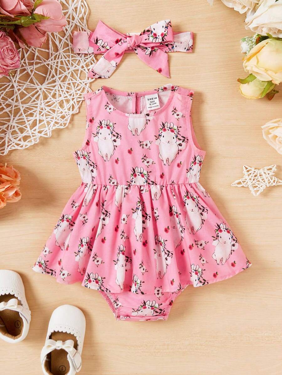 SHEIN Baby Girl Easter Sleeveless Romper With Cartoon Rabbit Print ...