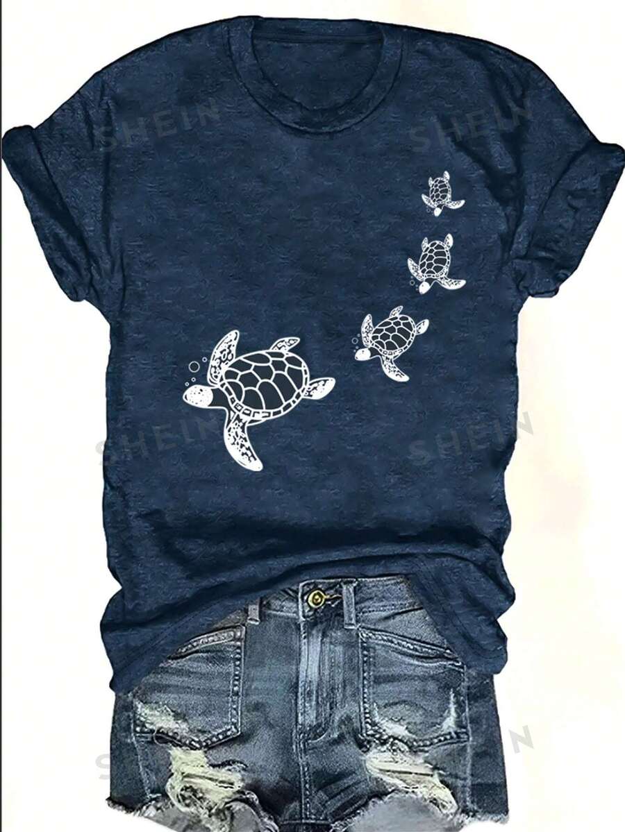 SHEIN LUNE Turtle Print Short Sleeve Round Neck T-Shirt | SHEIN USA