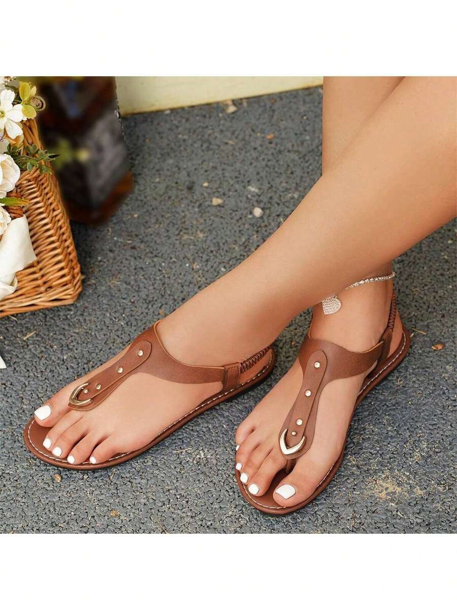 Women's Rivet Elastic Slip-On Round Toe Brown Flat Sandals, Hollow Breathable Non-Slip Outdoor ...