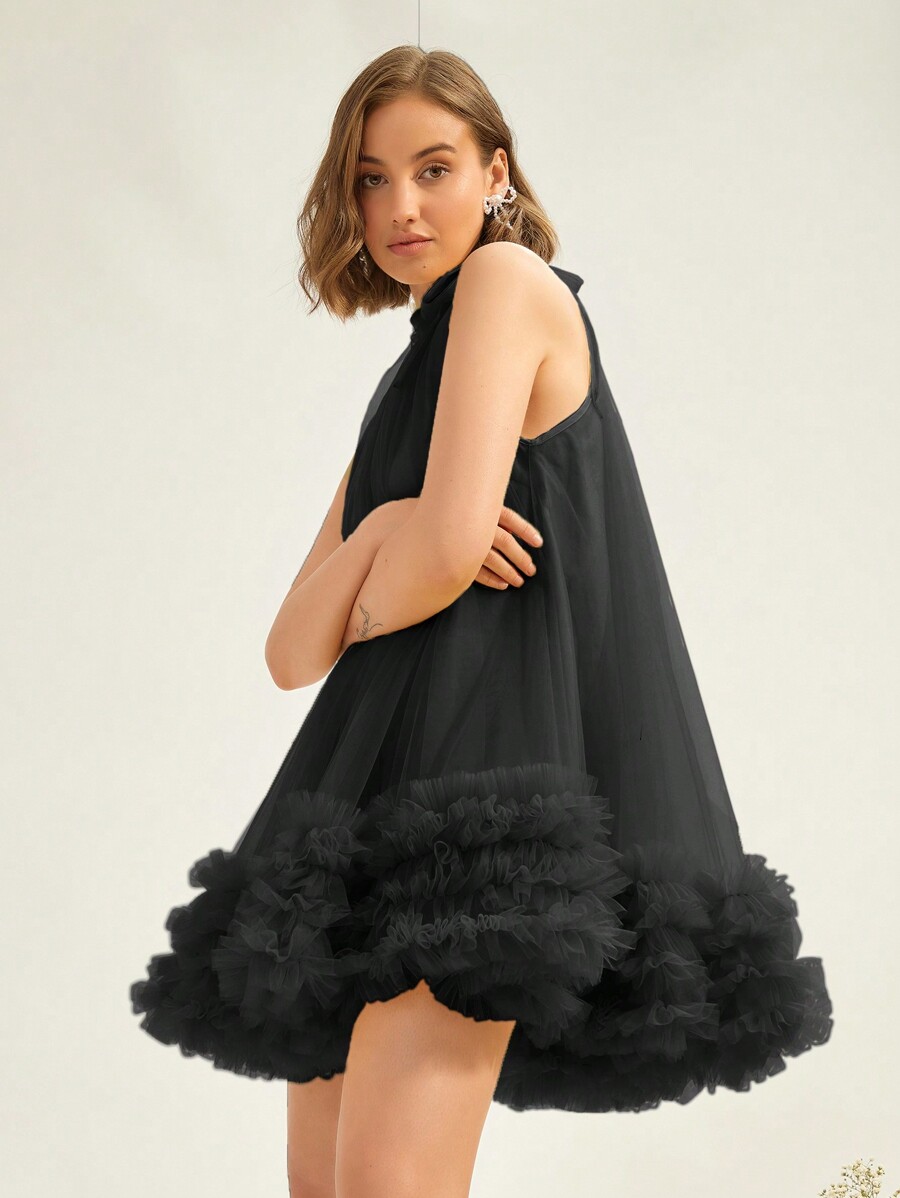 Enchnt Women's Multi-Layer Mesh Ruffle Halterneck Dress Tulle Dress ...