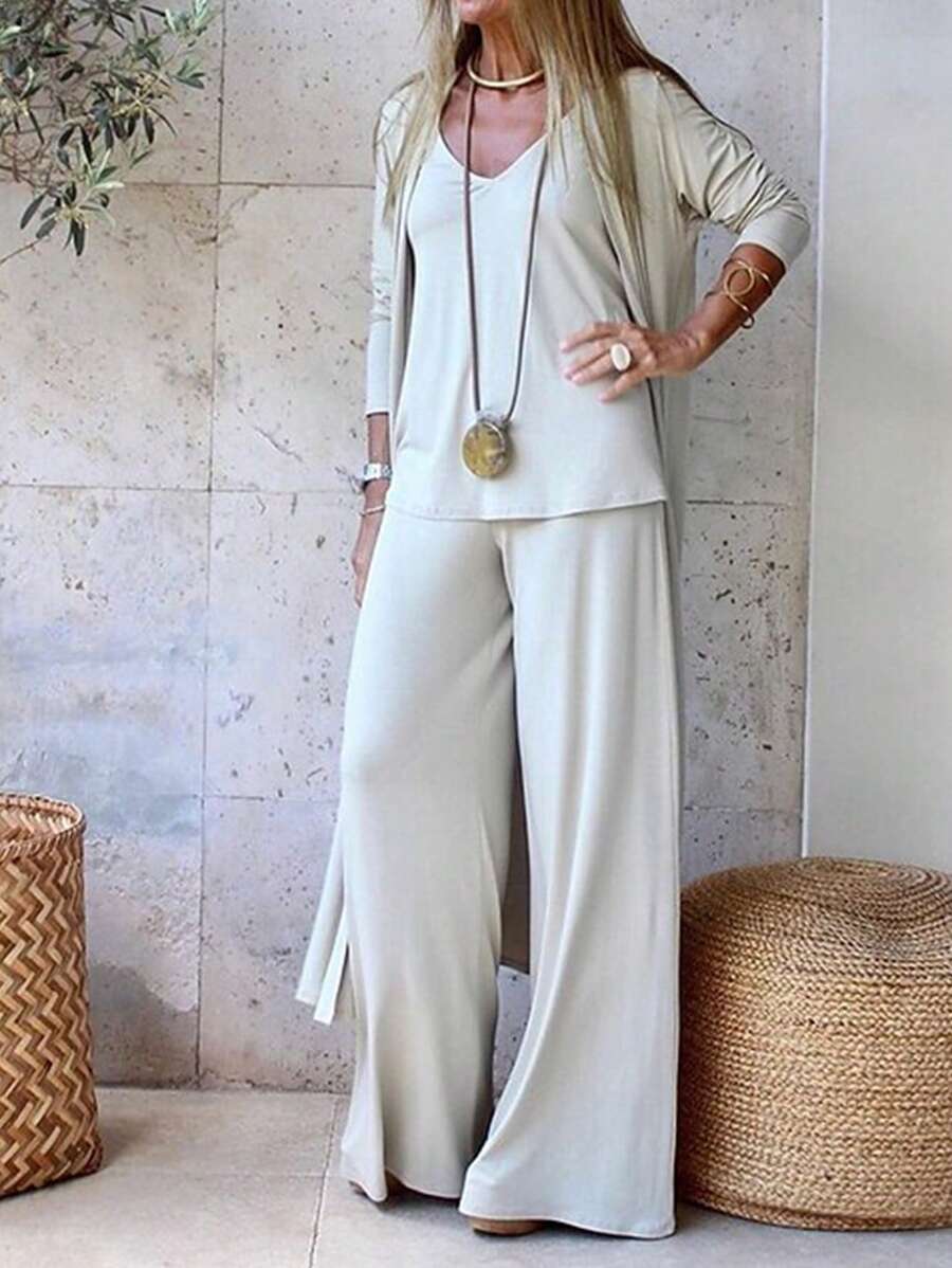 SHEIN Frenchy 3pcs/Set Women's Solid Color Long Sleeve Open Front Maxi ...