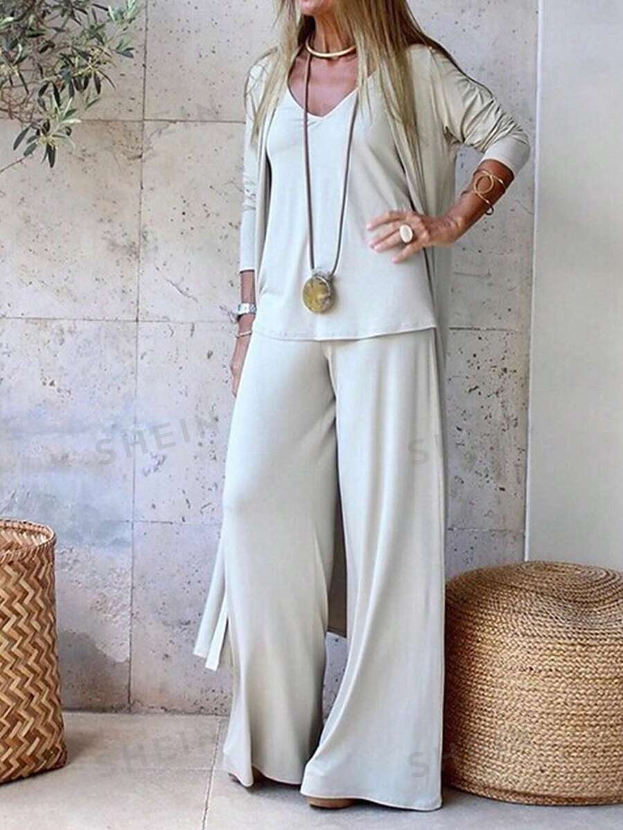 SHEIN Frenchy 3pcs/Set Women's Solid Color Long Sleeve Open Front Maxi ...