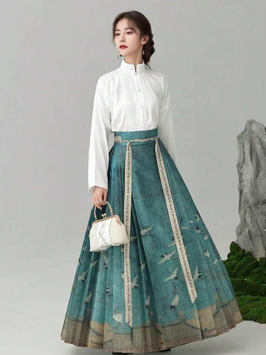 Chinese Ming Dynasty Style Outfit Set For Women, Green Printed Horse ...