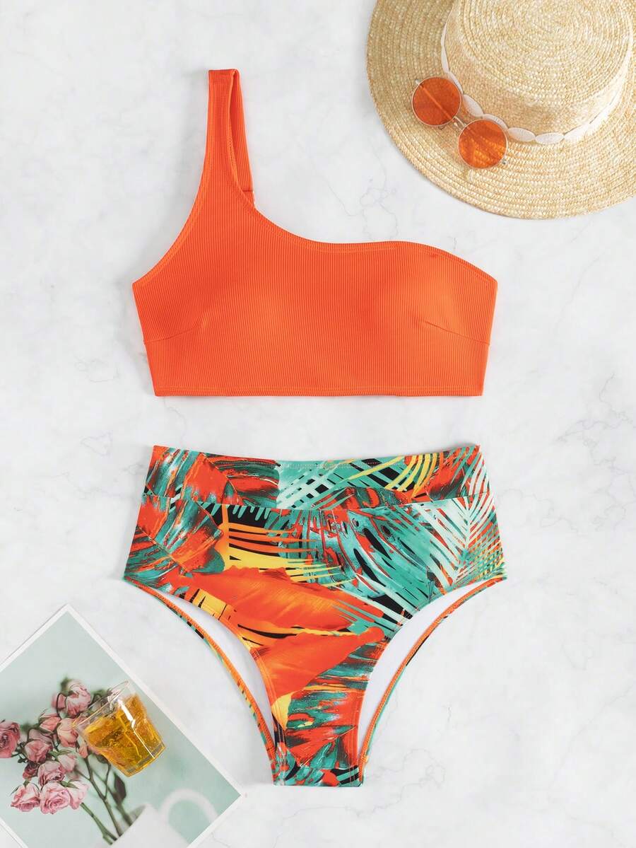 Shein Vcay Tropical Print One Shoulder Cutout One Piece Swimsuit Shein