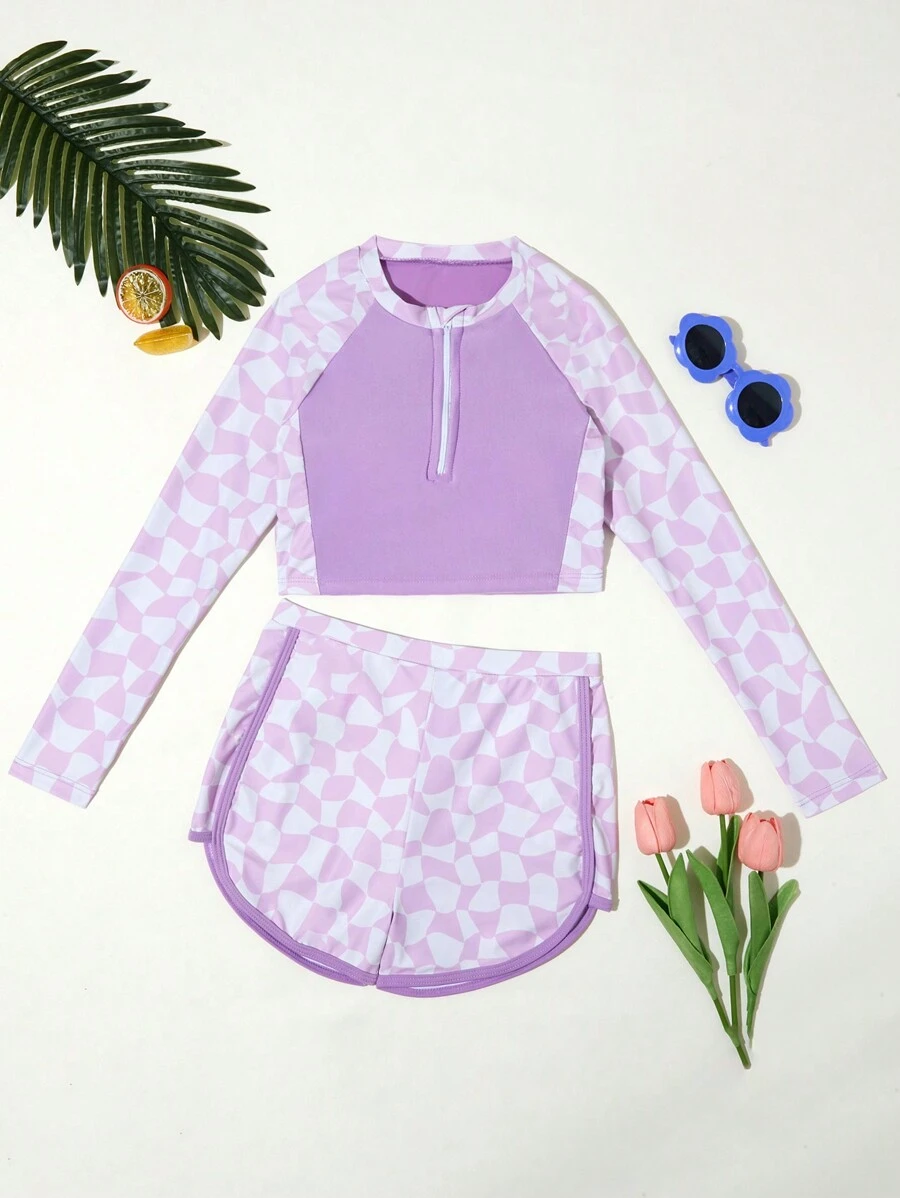 Tween Girl New Fashion Long Sleeve Swimsuit Set, Zip Front Geometric ...