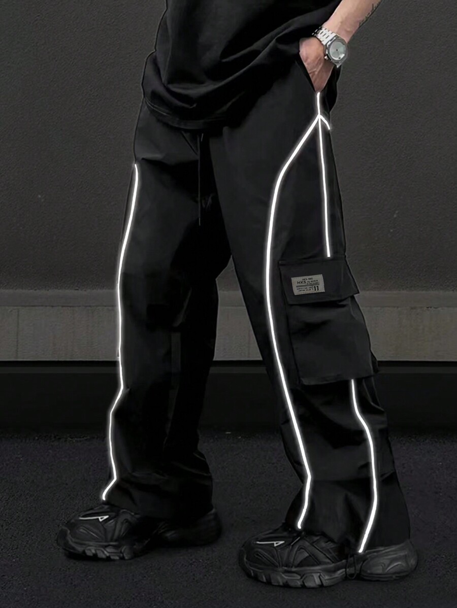 Manfinity EMRG Men's Reflective Letter Patch Cargo Pants Baggy Long ...