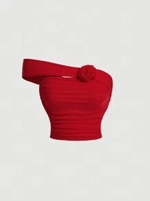 SHEIN MOD Red 3d Floral Romantic Strapless Top Concert Outfits | SHEIN USA