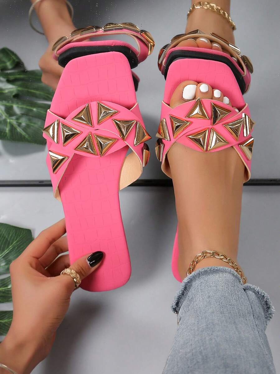 Women's Flat Square Toe Slides, Summer 2024 New Arrival, Simple ...