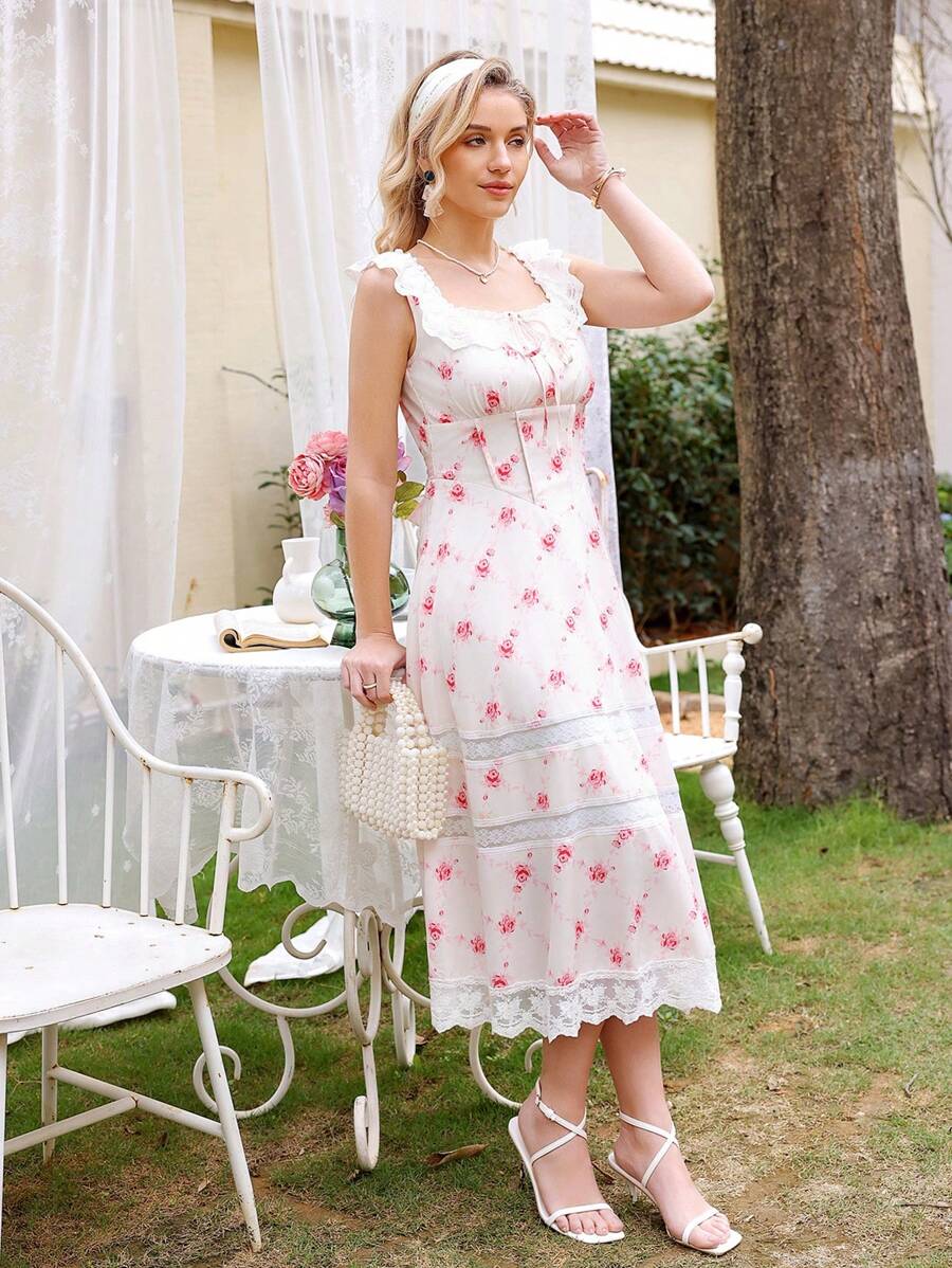 Aveloria Floral Print & Lace Trim Spaghetti Strap Sundress | SHEIN USA