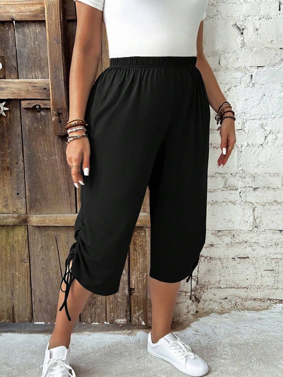 EMERY ROSE Plus Size Women's Casual Drawstring Capri Pants | SHEIN USA
