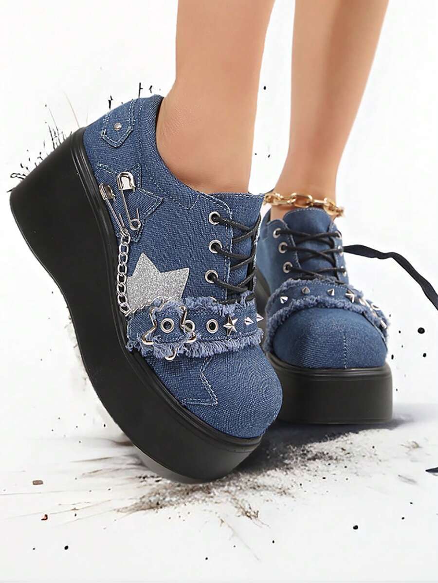 Dark Cowboy Punk Rock Shoes, Blue Y2k Gothic High Platform Wedge ...