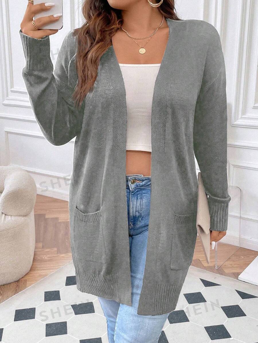 SHEIN Frenchy Plus Size Solid Color Cardigan With Double Pockets And ...